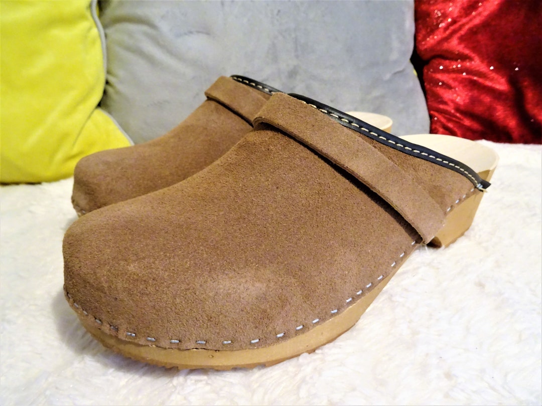 Wide D / EU 36 EU 38 New Suede Leather Clogs Light BROWN Wood Gift: for ...