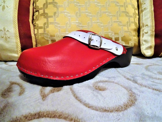 Red on the Black Sole Swedish Style Leather Wood Clogs With a - Etsy