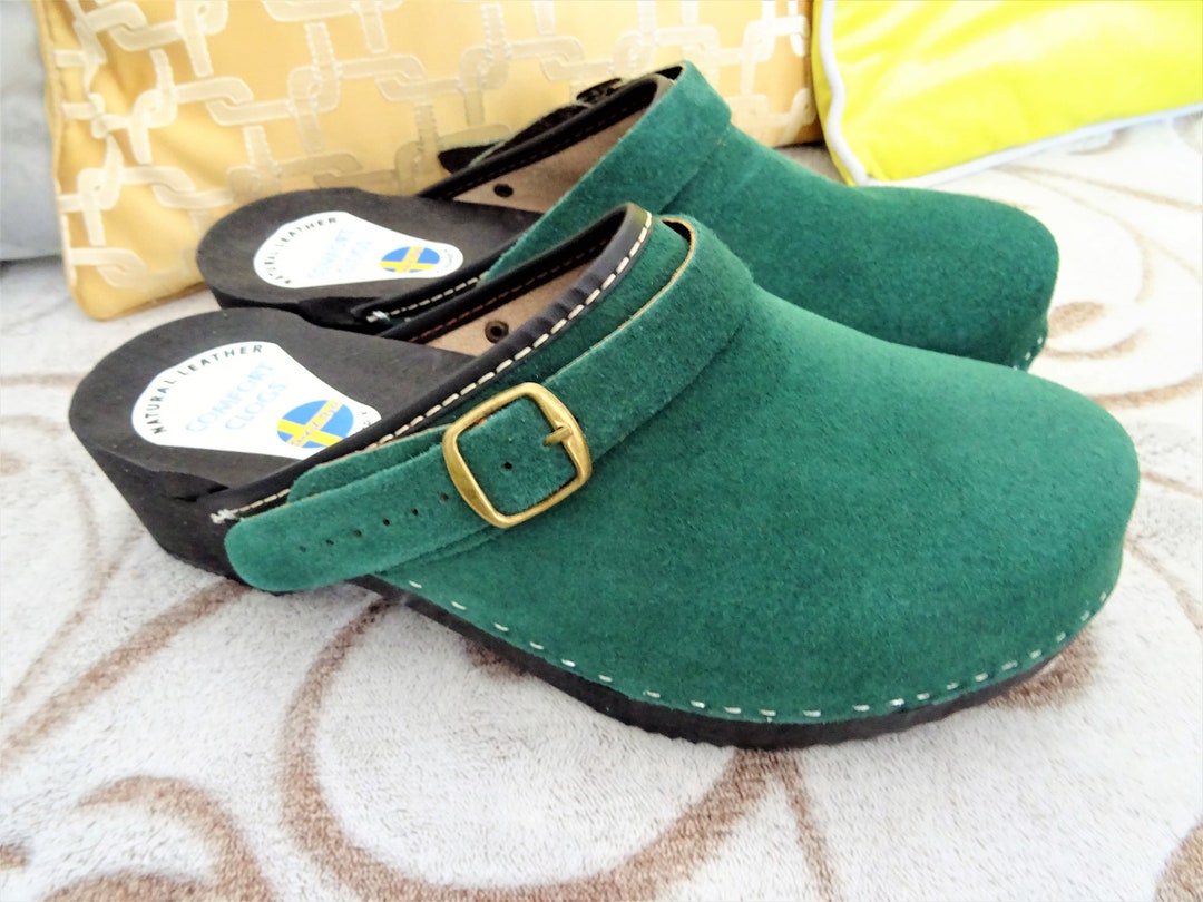 Wide D / Size EU 42 New Suede Leather Clogs Green HUNTER Uni Sex With ...