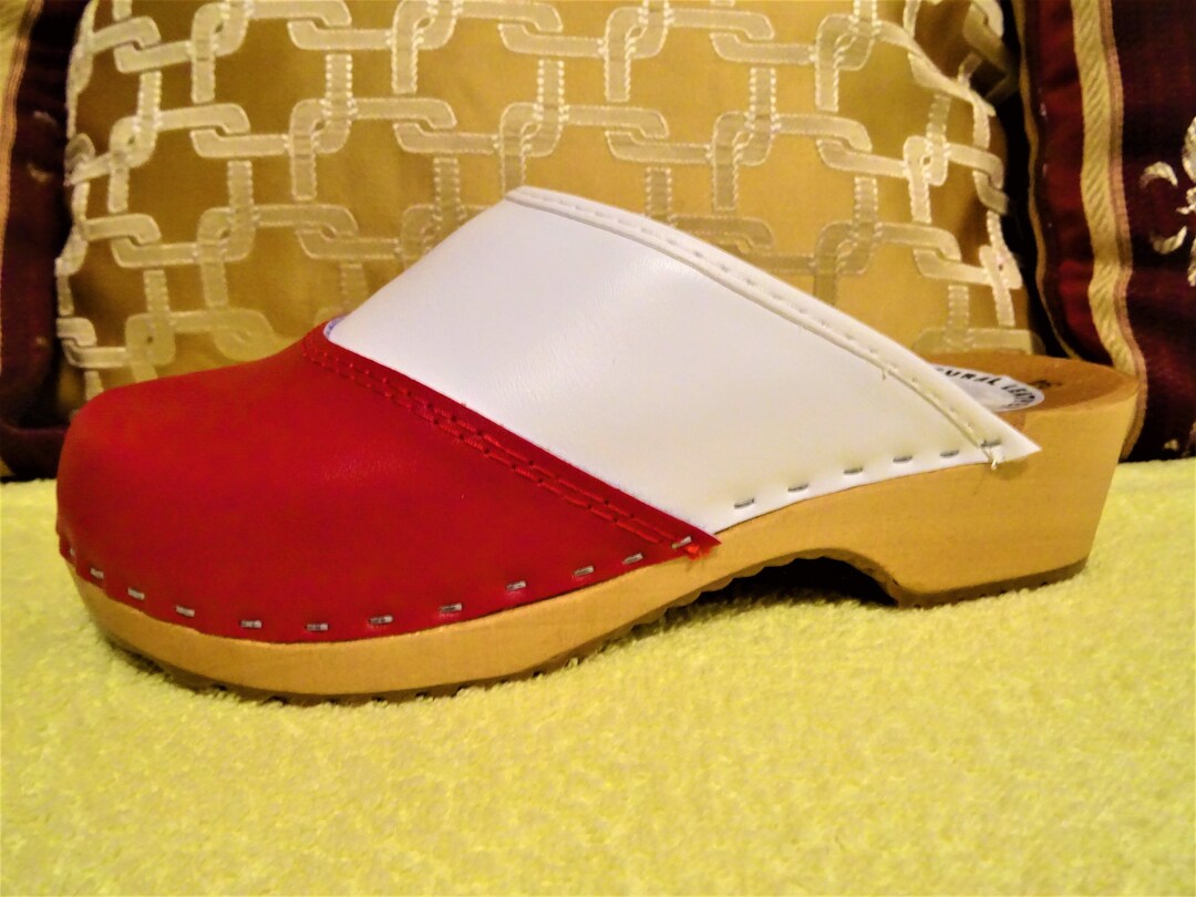 White - Red Wooden Clogs for Little Kid's Children Swedish Style ...