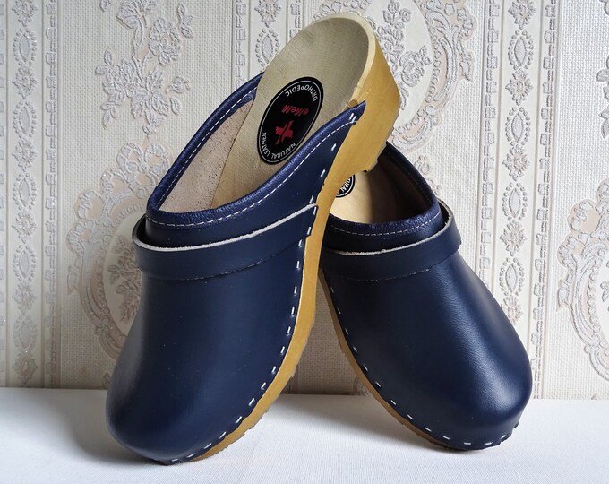 NAVY Blue Swedish Style / Wood Clogs / Leather Handmade / Mules / Low ...