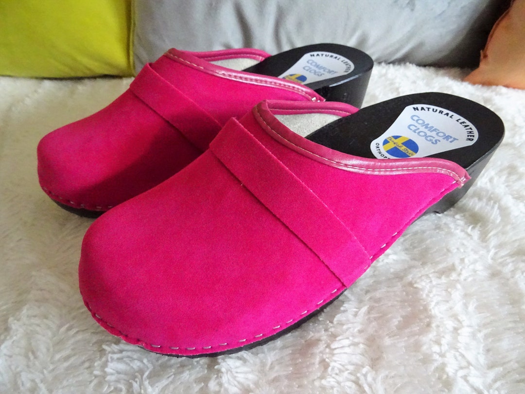 PINK Velour Leather on the Black Sole Clogs Wood Gift: for Mom, Mother ...