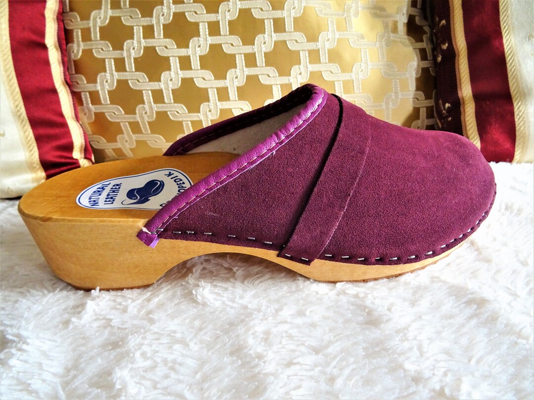 New BURGUNDY Velour Leather Clogs Wood Gift: for Mom, Mother's Day ...
