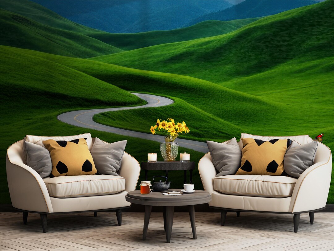 Green Landscape Road Expressway Self Adhesive Peel and Stick Wall Mural ...