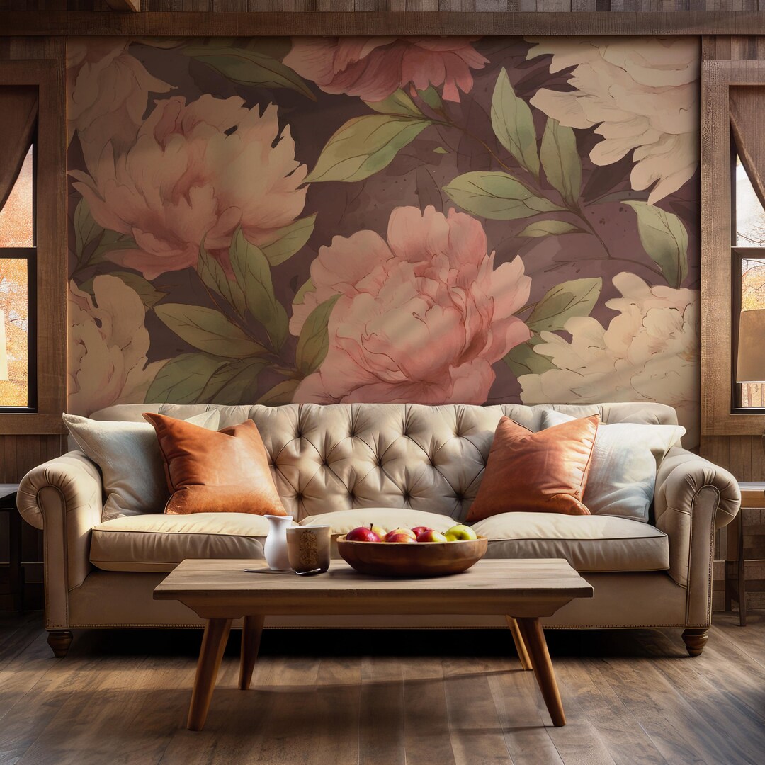 Pink and Cream Peony Floral Wallpaper - Peel and Stick Wall Mural ...