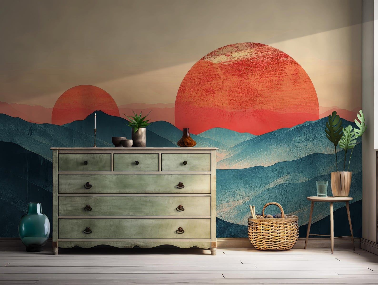 Mural Sunset Over Mountain Landscape Scenic Nature Warm Tones Tranquil ...