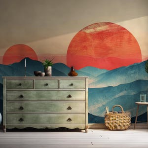 Mural Sunset Over Mountain Landscape Scenic Nature Warm Tones Tranquil ...