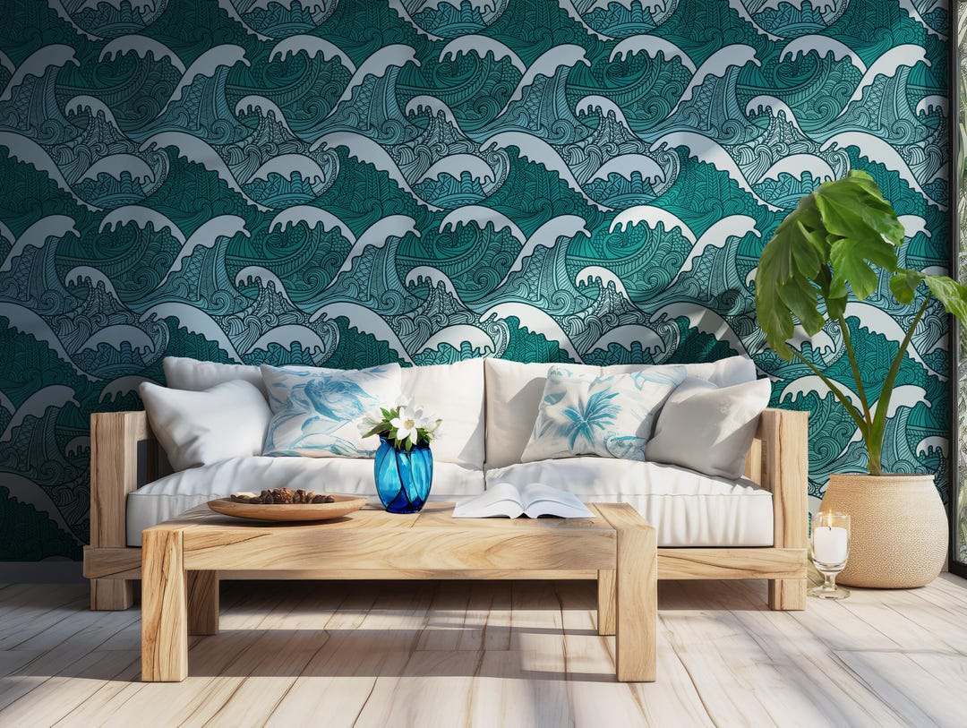 Blue Beach Ocean Intricate Wave Pattern Self Adhesive Peel and Stick ...
