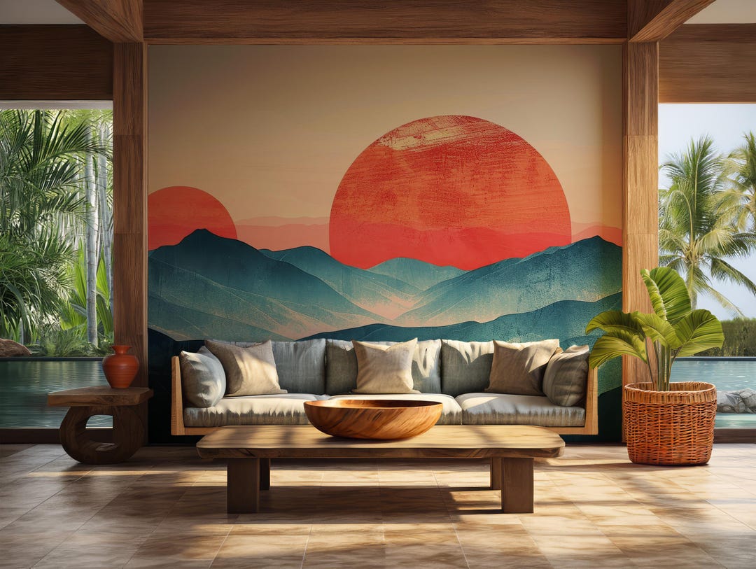 Mural Sunset Over Mountain Landscape Scenic Nature Warm Tones Tranquil ...