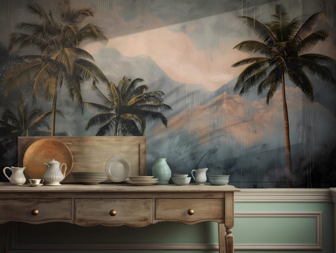Mural Realistic Tropical Island Palm Trees Beach Sands Lush Jungle ...