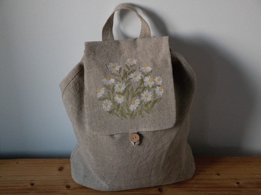 Linen Backpack With Daisies, Gray Natural Backpack, Boho Backpack ...