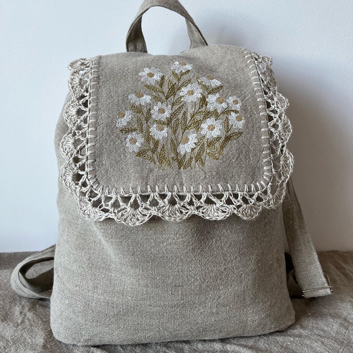 Linen Backpack With Daisies, Gray Natural Backpack, Boho Backpack ...