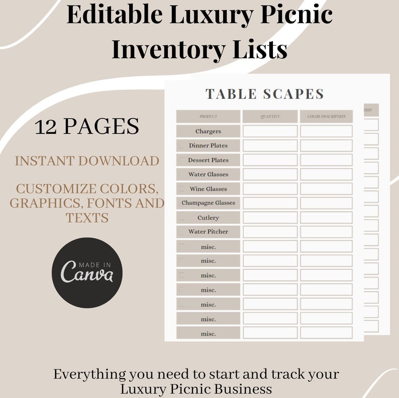 Luxury Picnic Inventory List / Editable - Etsy