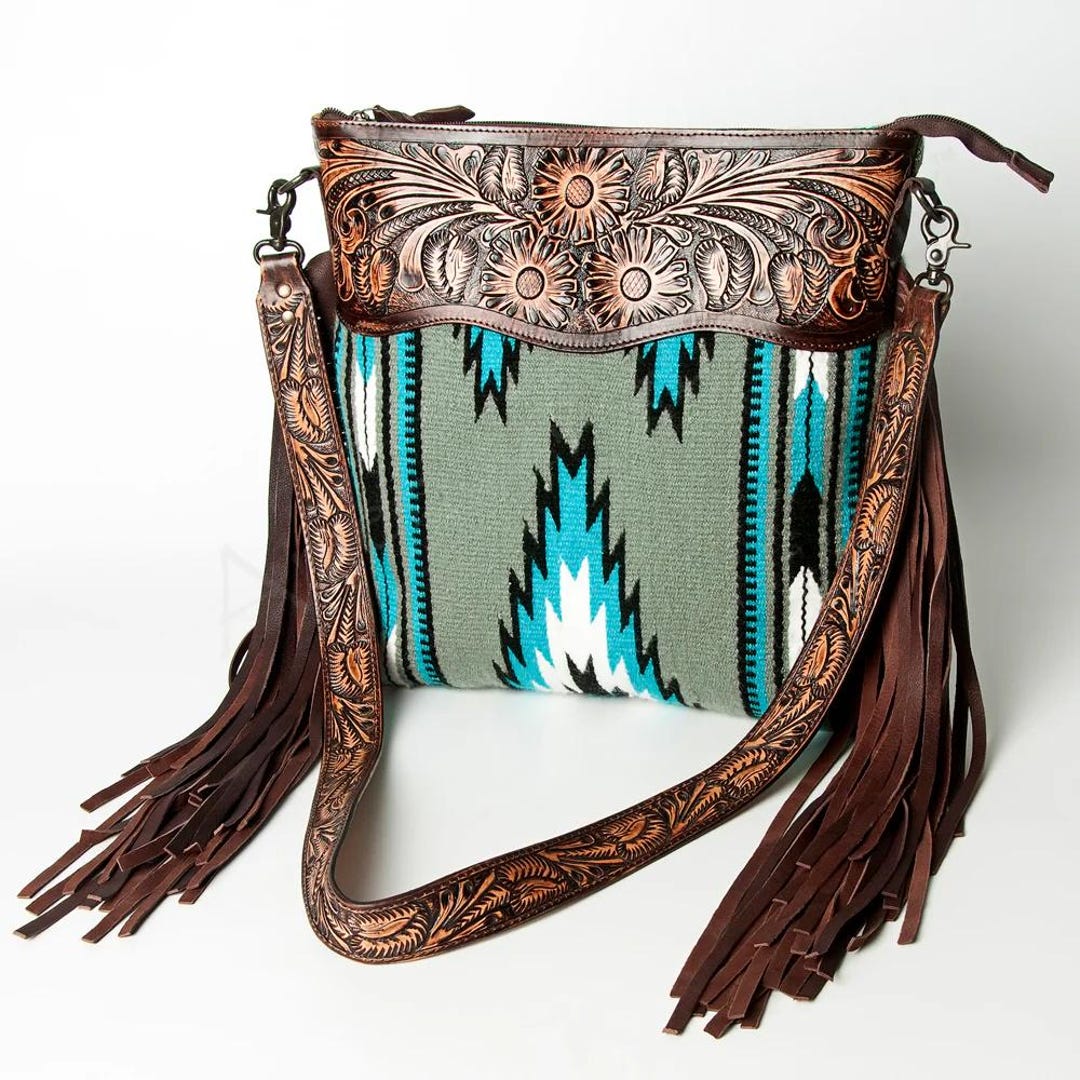 Turquoise Saddle Blanket Purse, Tooled Leather Purse, Crossbody Purse ...