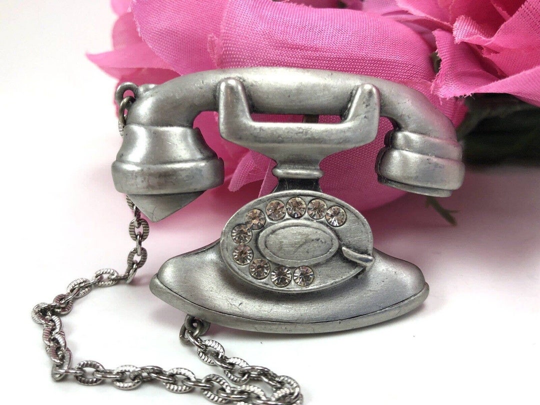 Vintage JJ Jonette Telephone Brooch Rotary Dial Phone Pewter and ...