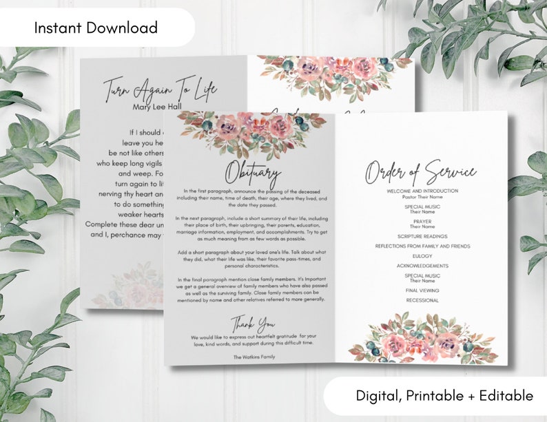 EDITABLE Funeral Program Template Instant Printable Download Memorial ...