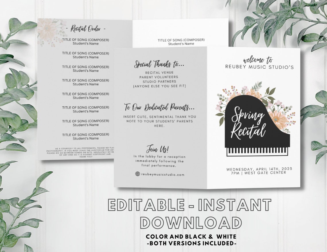 Recital Program Template | Music, Piano, Voice Studio | Editable ...