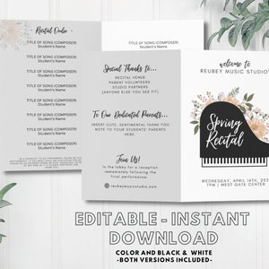 Recital Program Template | Music, Piano, Voice Studio | Editable ...