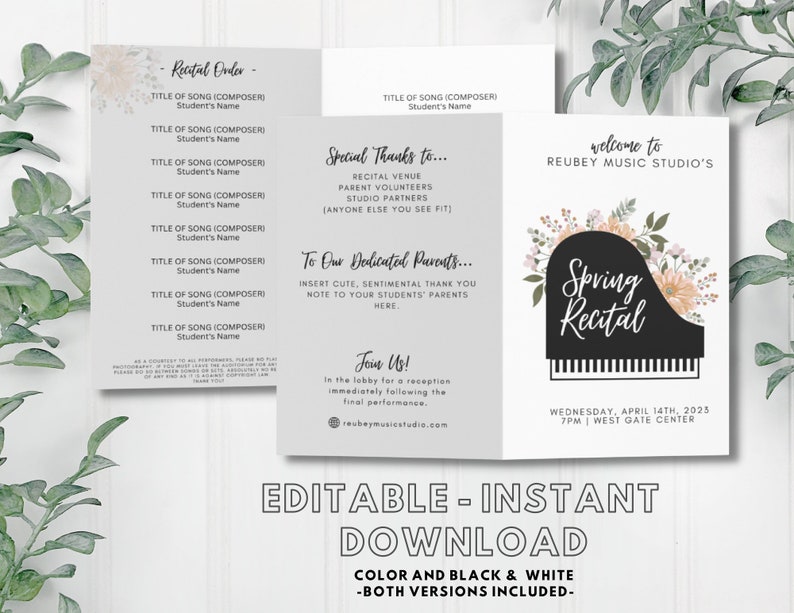 Recital Program Template | Music, Piano, Voice Studio | Editable ...