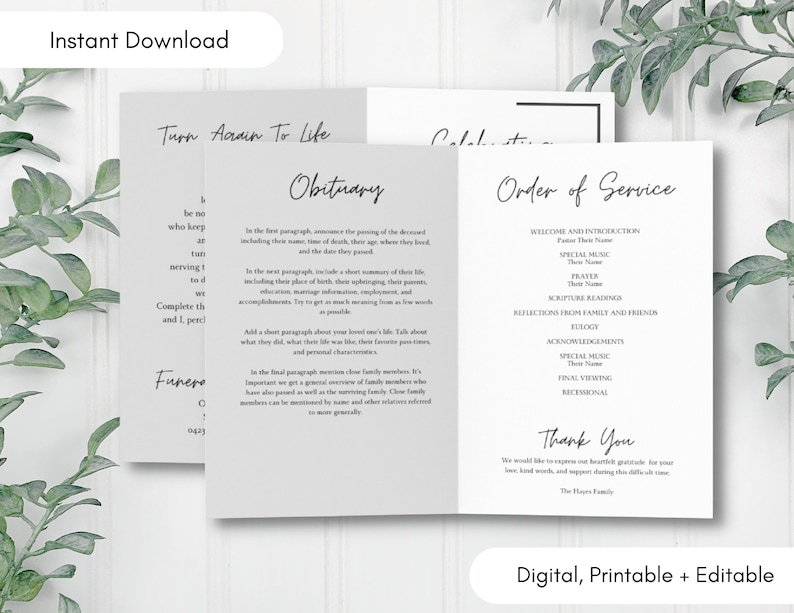 EDITABLE Funeral Program Template | Instant Printable Download ...