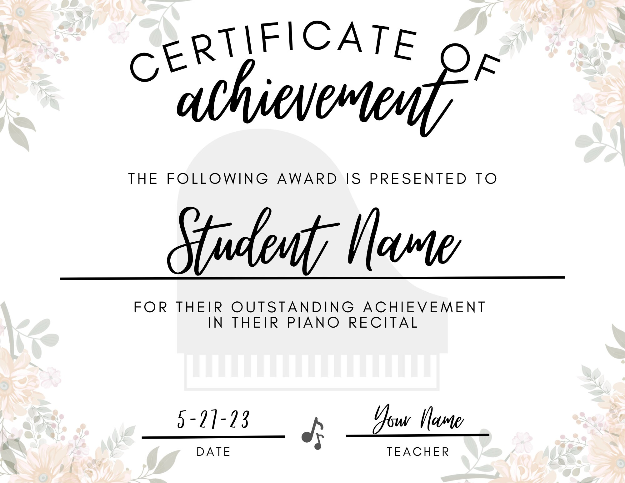 Certificate of Achievement Template | Music, Piano, Voice Studio ...