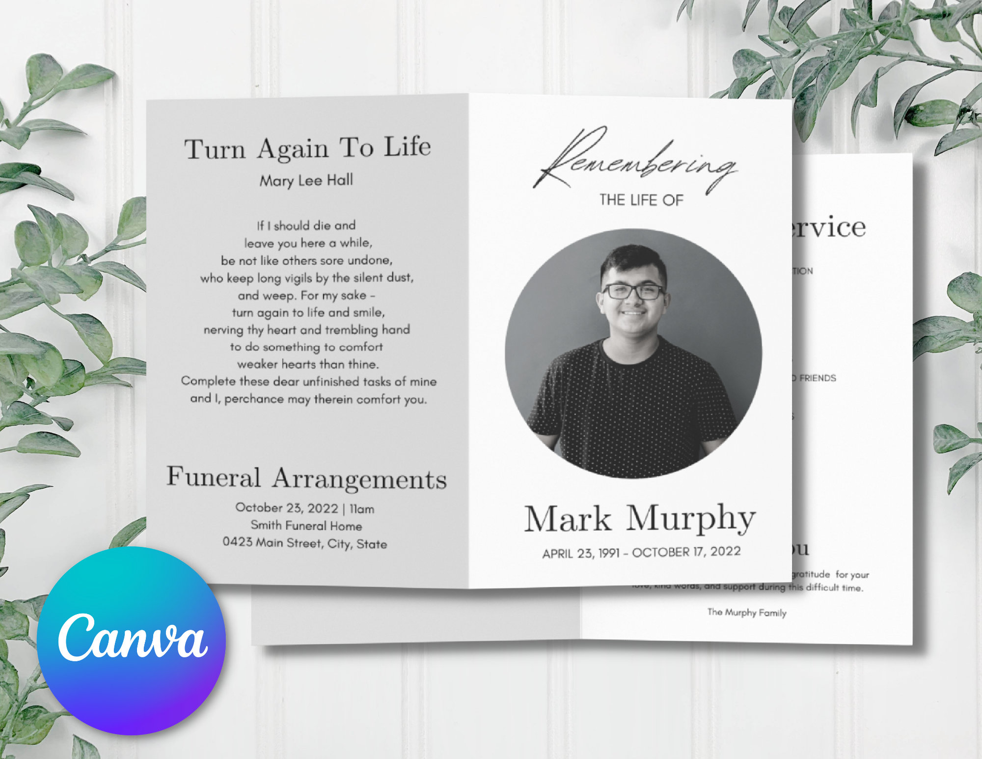 EDITABLE Funeral Program Template Instant Printable Download Memorial ...