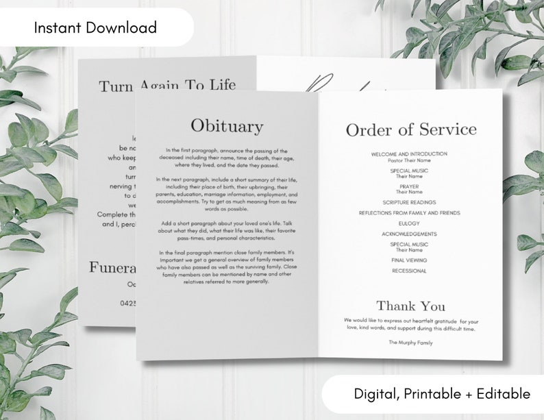 EDITABLE Funeral Program Template | Instant Printable Download ...