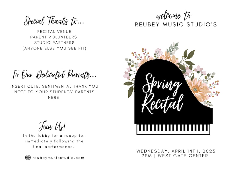 Recital Program Template | Music, Piano, Voice Studio | Editable ...