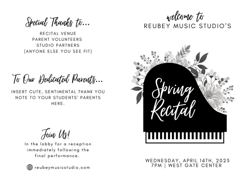 Recital Program Template | Music, Piano, Voice Studio | Editable ...