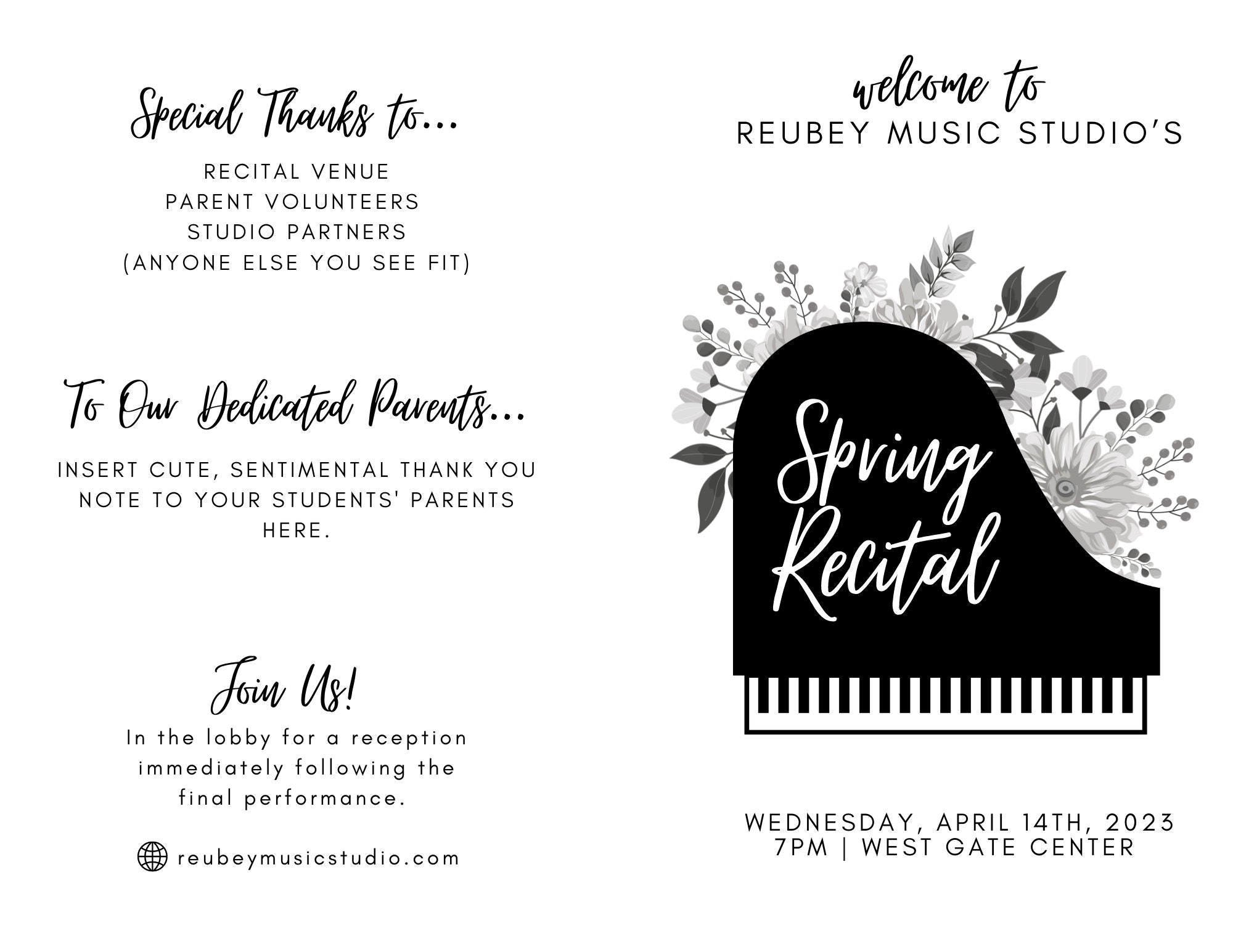 Recital Program Template | Music, Piano, Voice Studio | Editable ...