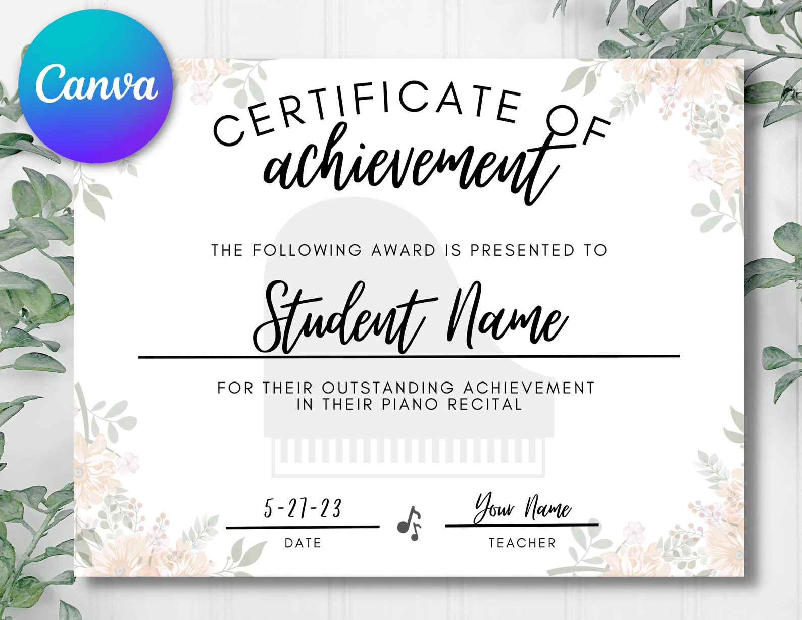 Certificate of Achievement Template Music, Piano, Voice Studio Editable ...