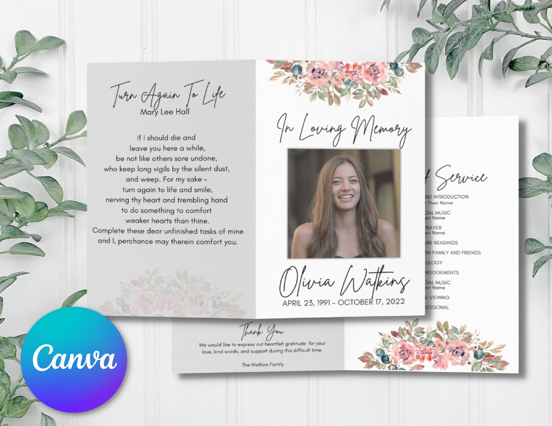 EDITABLE Funeral Program Template | Instant Printable Download ...