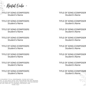 Recital Program Template | Music, Piano, Voice Studio | Editable ...