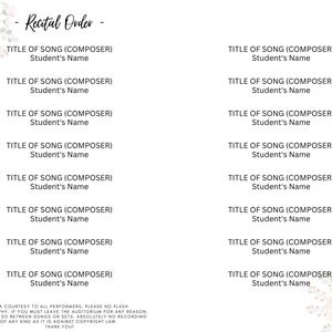 Recital Program Template | Music, Piano, Voice Studio | Editable ...