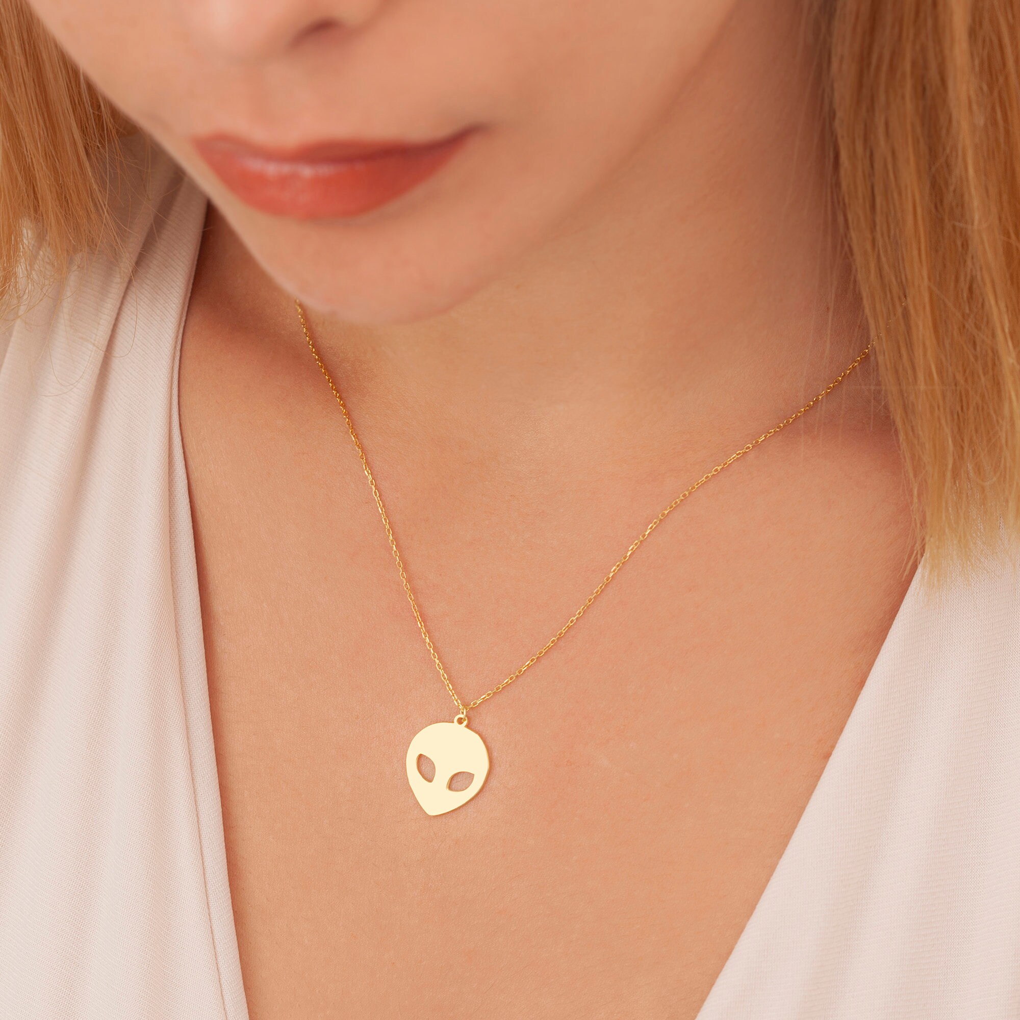 14k Gold Alien Necklace, Alien Head Necklace, Alien Logo Necklace ...