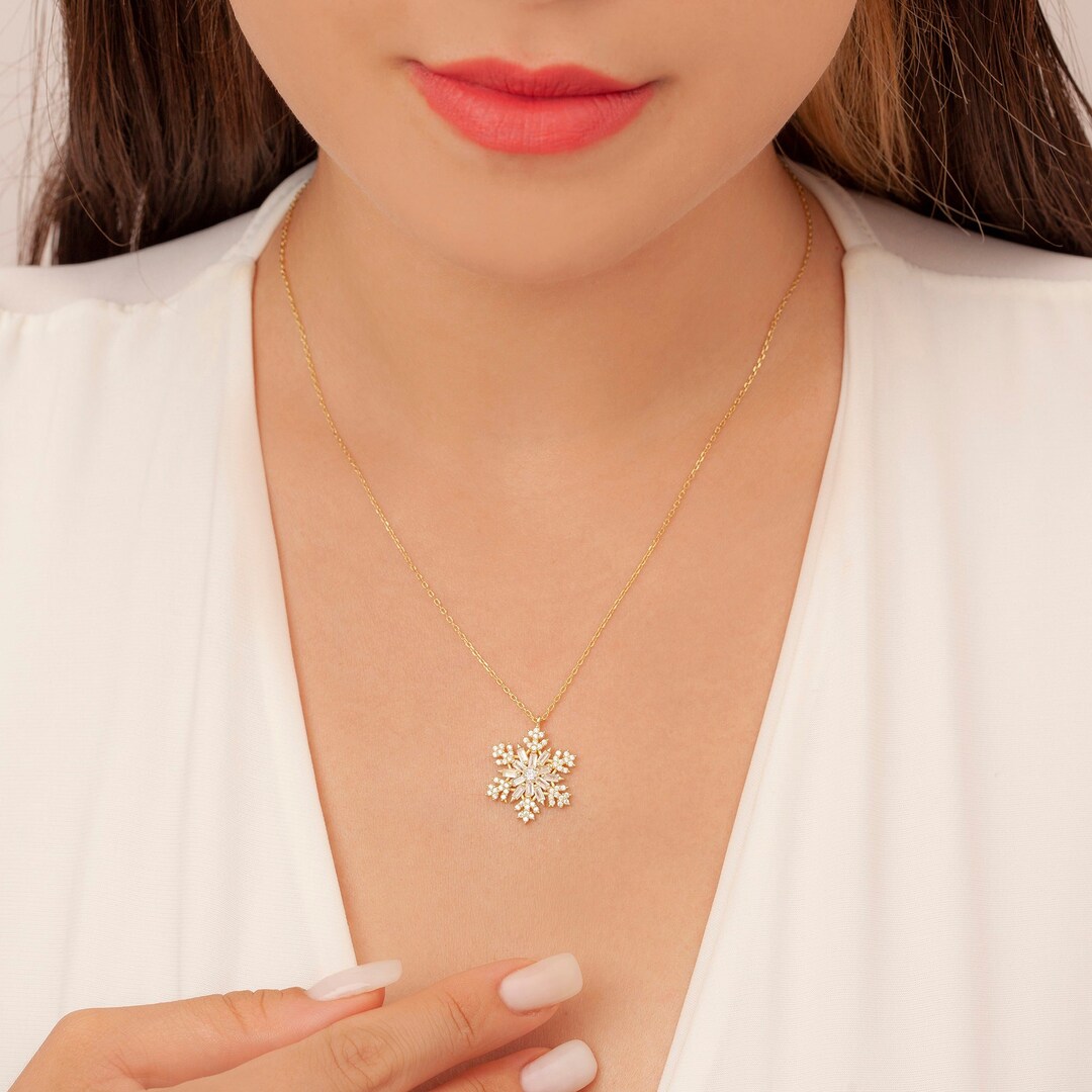 14K Gold Snowflake Diamond Necklace, Tiny Snowflake Necklace, Snowflake ...