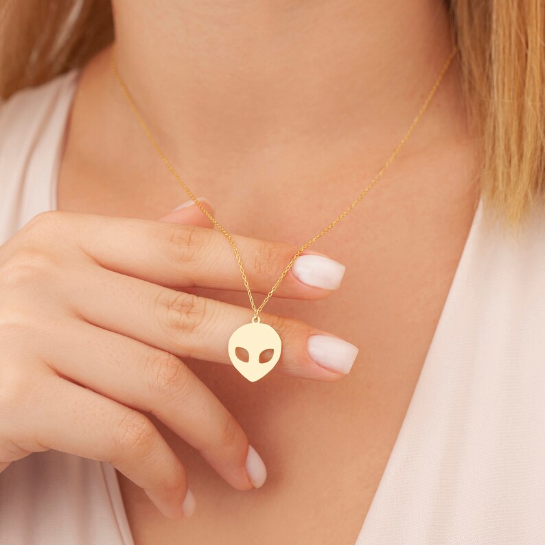 14k Gold Alien Necklace, Alien Head Necklace, Alien Logo Necklace ...