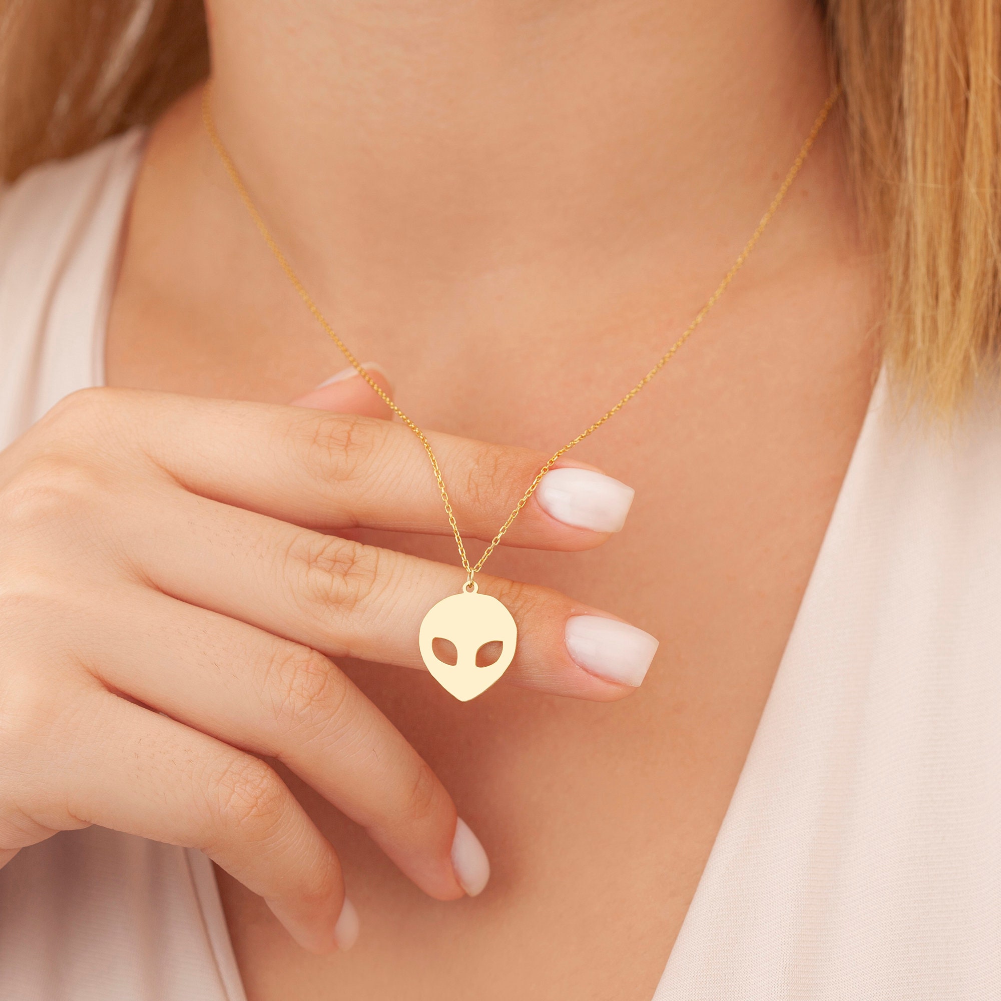 14k Gold Alien Necklace, Alien Head Necklace, Alien Logo Necklace ...