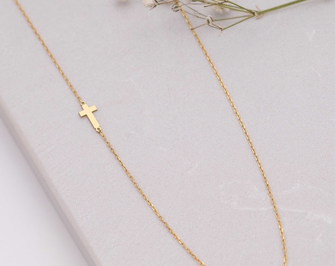 14K Tiny Gold Cross Necklace, Gold Sideway Cross Necklace, Side Cross Necklace, Dainty Cross ...