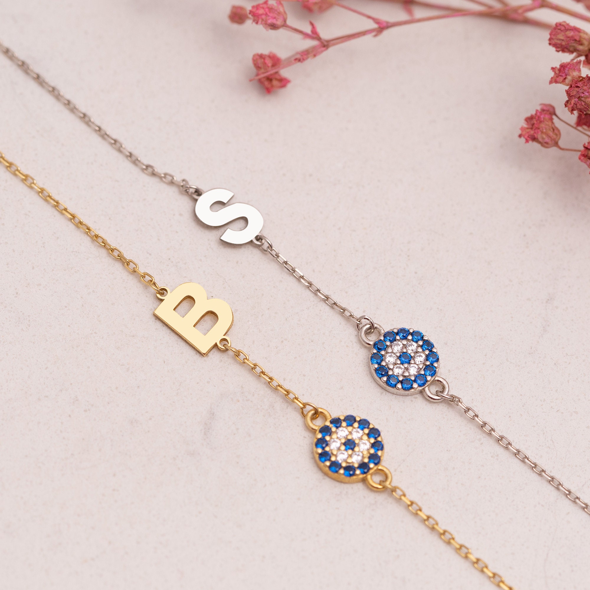 14K Gold Sideways Letter Evil Eye Necklace, Sideway Initial Necklace ...