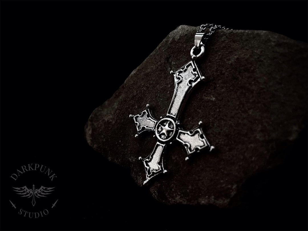 Antique Silver Gothic Inverted Cross Pendant Necklace | Stainless Steel ...