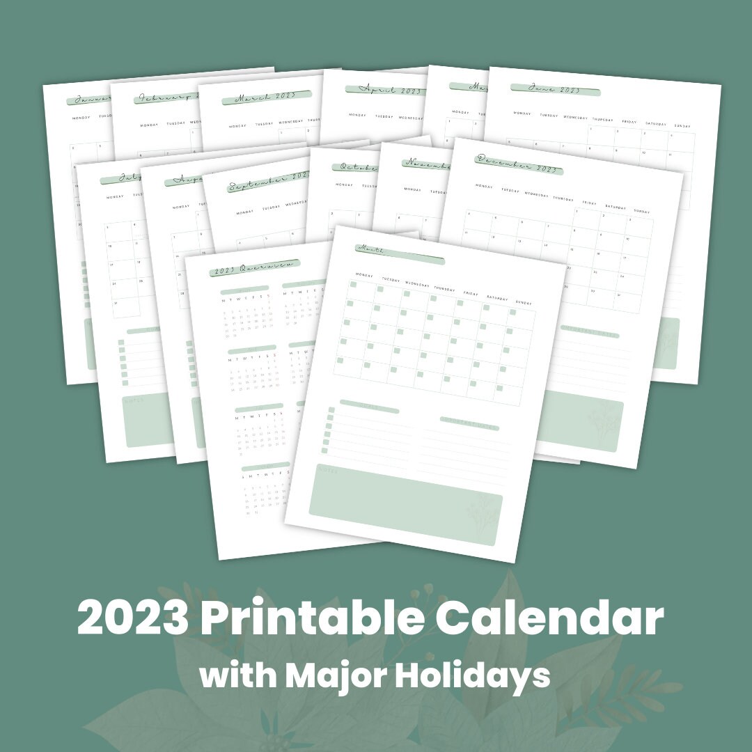 Printable 2022-2023 Green Floral Monday Start Calendar Kit With Planner ...