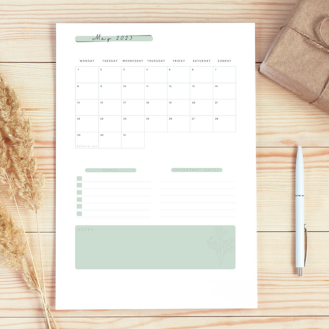 Printable 2022-2023 Green Floral Monday Start Calendar Kit With Planner Pages in A4, A5, and US ...