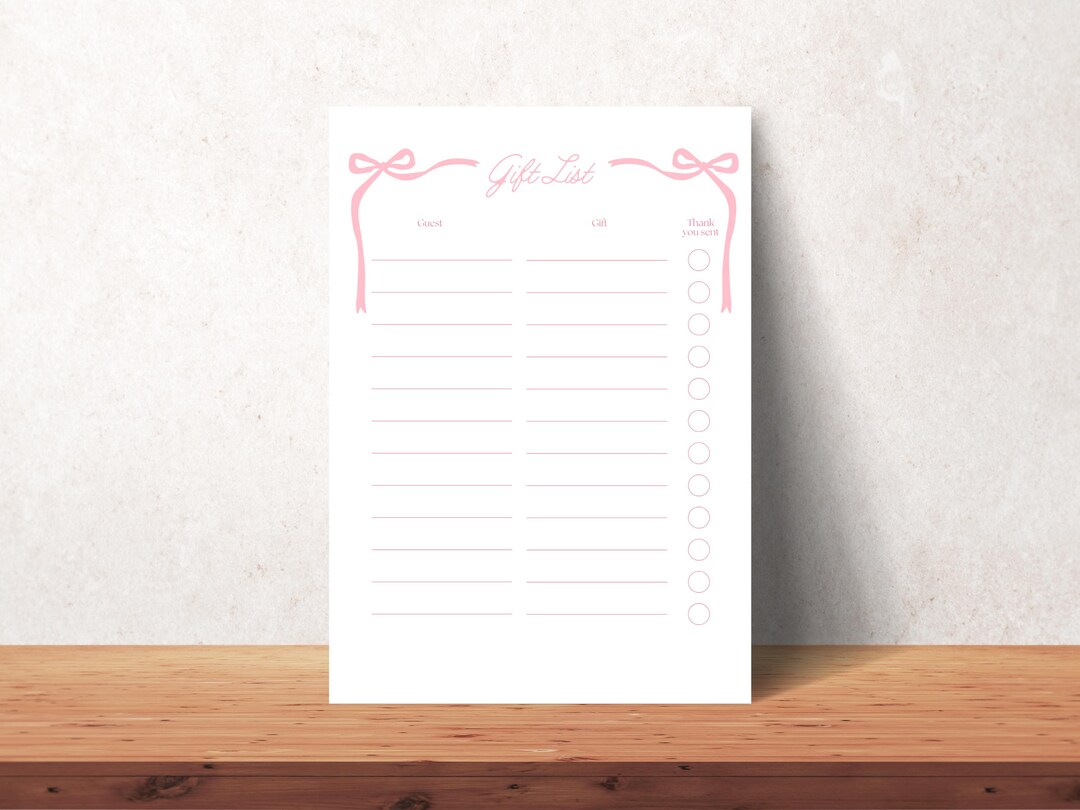 Bow Bridal Gift Tracker - Baby Shower Gift Tracker - Pink Bow Gift ...