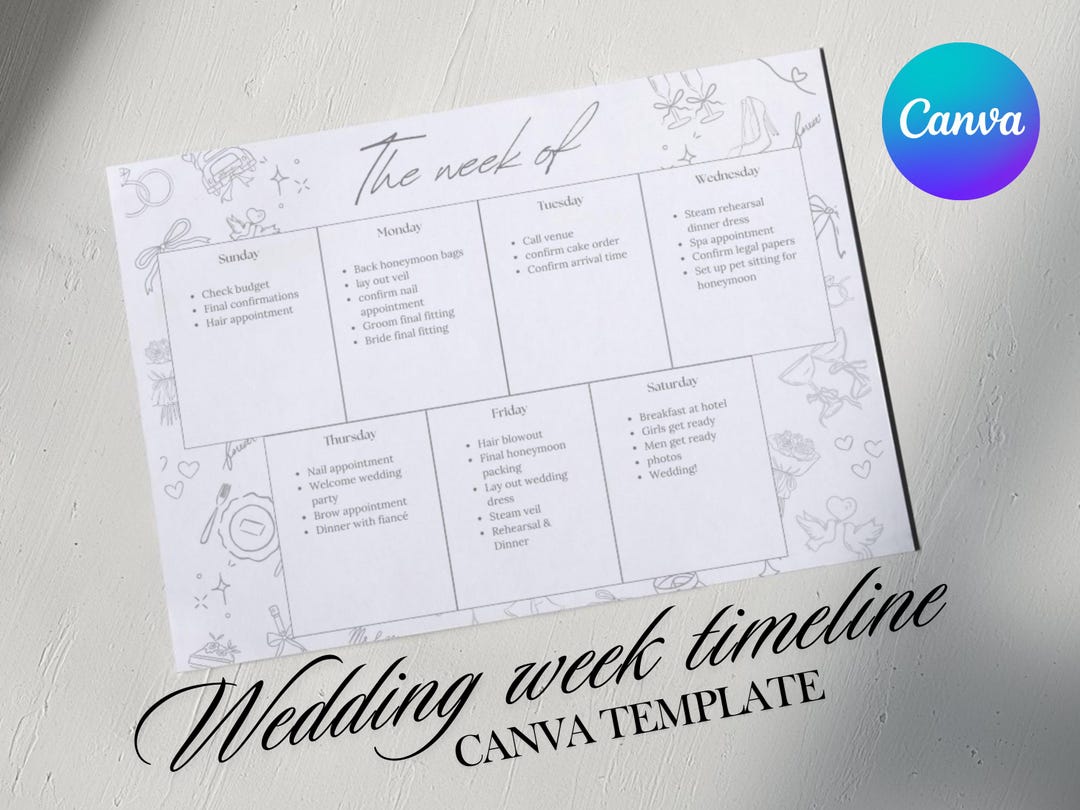 Customizable Wedding Week Calendar Template – Digital or PDF Print ...