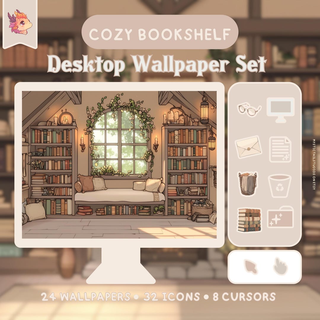 Cozy Bookshelf Desktop Wallpaper Set Aesthetic Bookish Library ...