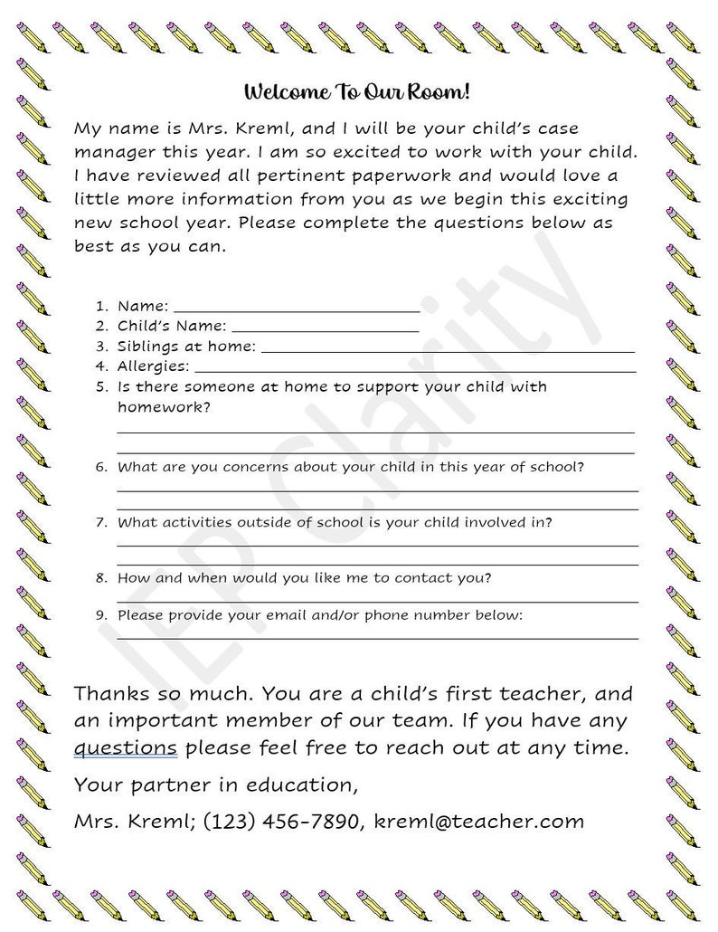 Beginning of the Year, Parent Survey - Etsy