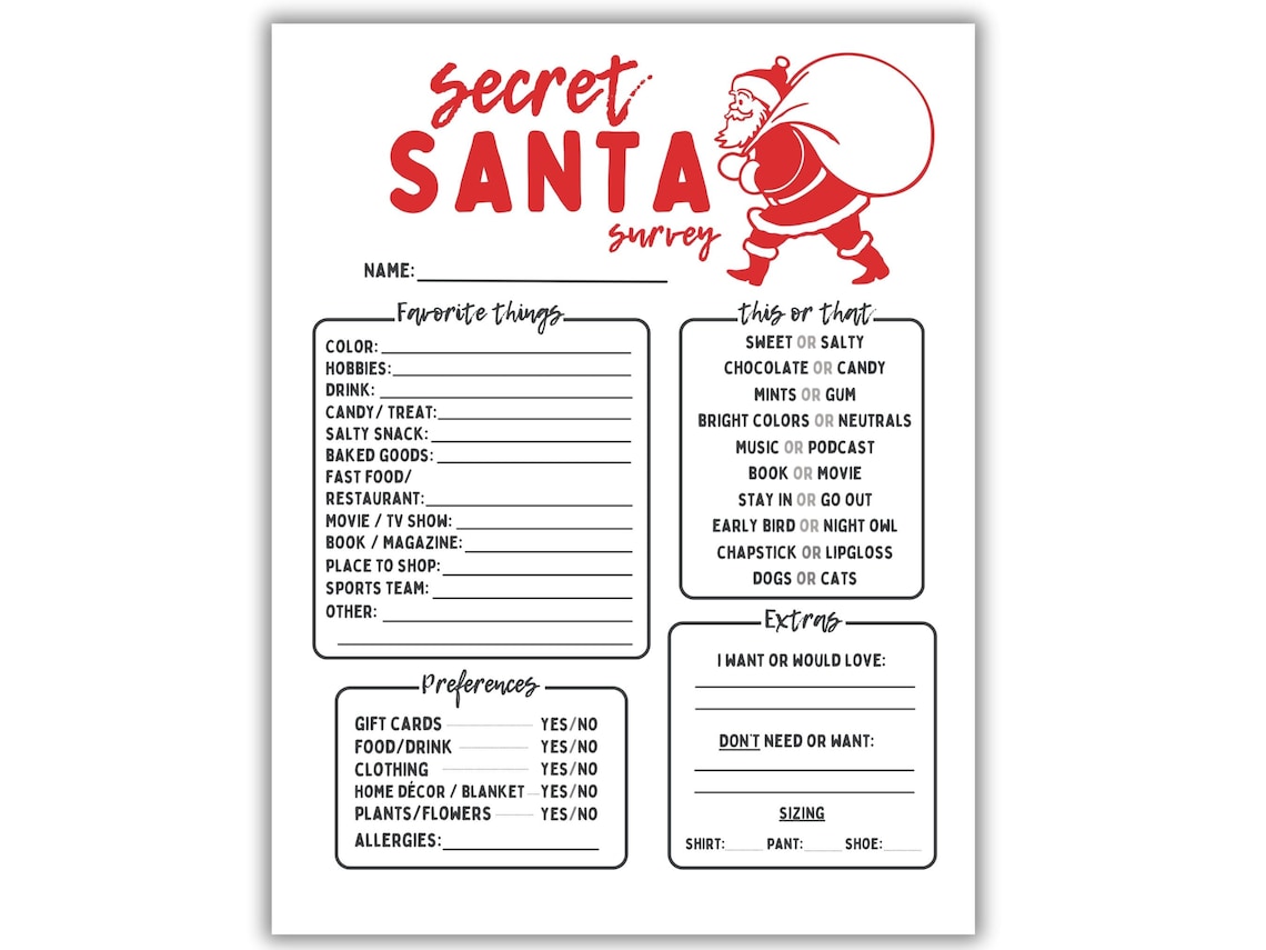 Secret Santa Survey Secret Santa Questionnaire Secret Gift Exchange ...