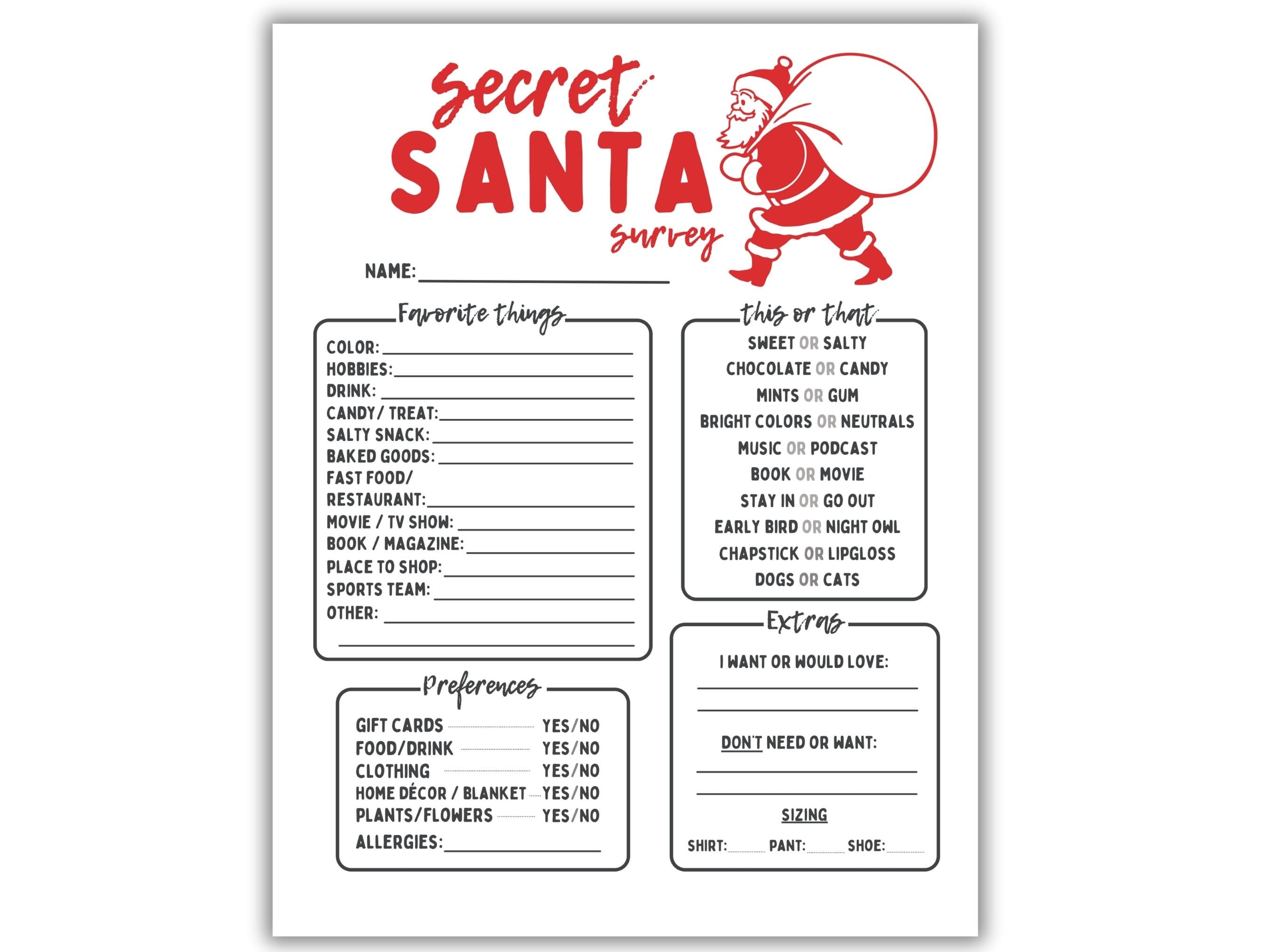Secret Santa Survey Secret Santa Questionnaire Secret Gift Exchange ...