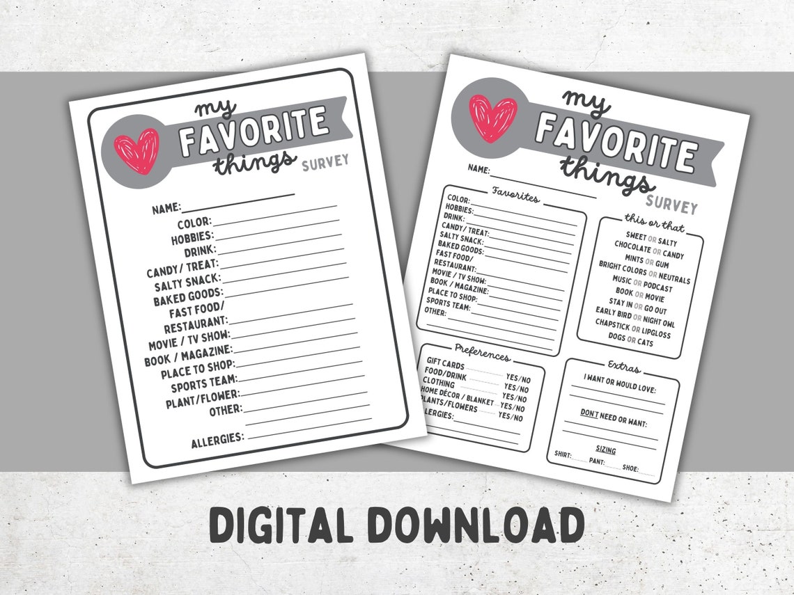 My Favorite Things Survey Questionnaire Employee Favorites All About Me ...